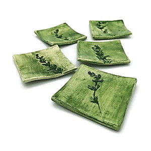 Clay Ring Dish, Small Square Handmade Ceramic Trinket Dish, Small Tealight Candle Holder, Teabag Holder (Sage Flower)