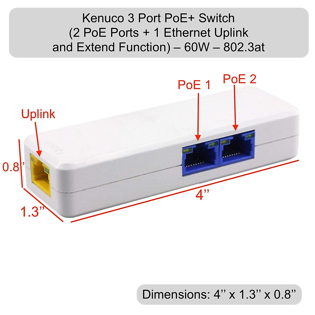 KENUCO PoE Extend Switch, IEEE802.3af/at/bt, PoE+ BT Port 48V 60W Output, Cascade 3-4 Times, Distance Extend 330 ft，No Power Required, Plug&Play.