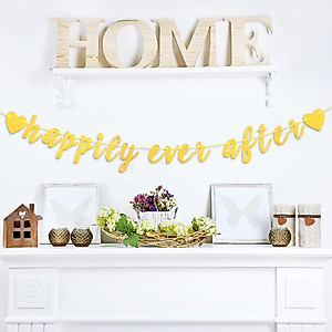 LINGTEER Happily Ever After Gold Glitter Bunting Banner - Cheers to Wedding Anniversary Bride to be Engagement Party Backdrop Decorations.[Pre - Strung]