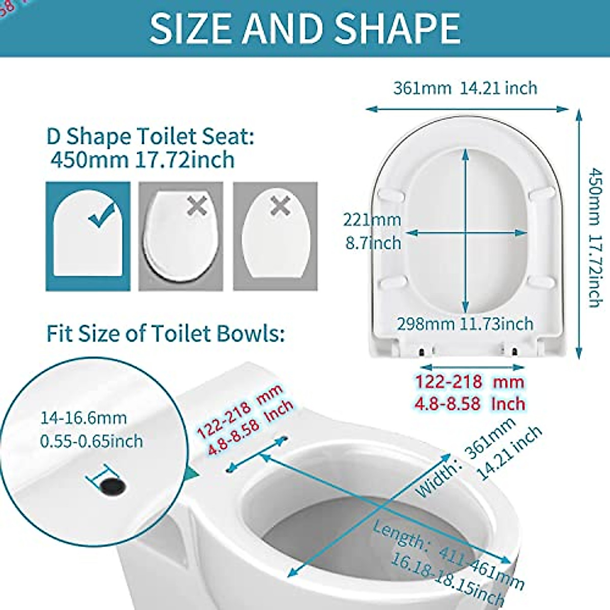 SADALAK Toilet Seat D Shape Soft Close Quick Release Easy Clean Toilet Seat Replacement with Non-Slip Bumpers for Bathroom White