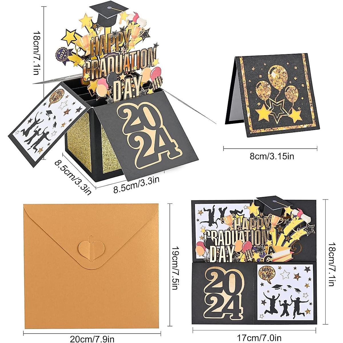POPGIFTU 2024 Graduation Pop Up Card, Black Gold Pop Up Congrats Grad 2024 Greeting Card with Envelope, Congratulations Graduation Gifts for 2024 High School College University Graduates