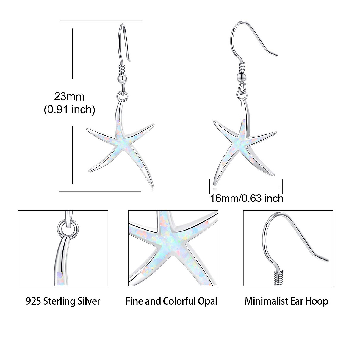 Starfish Earrings,925 Sterling Silver with White Opal Fish Hoops Earings,Nautical Hawaiian Sea Beach Earrings,Starfish Jewelry for Women Starfish Lovers