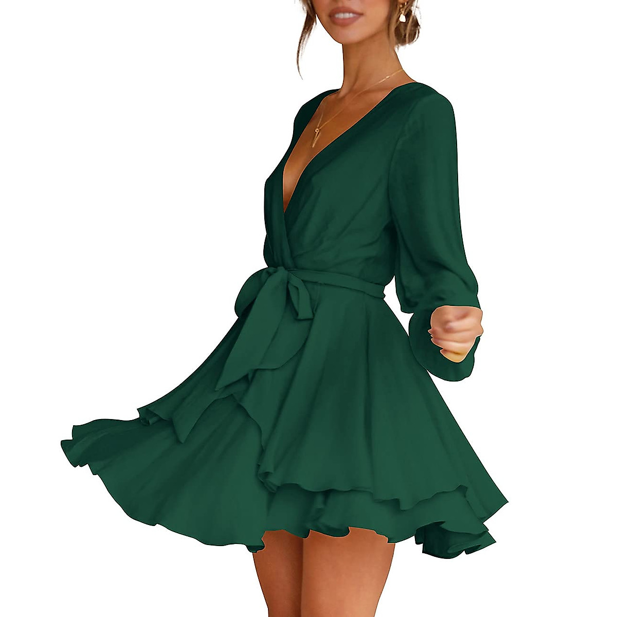 Cosonsen Womens Swing Dress Deep V-Neck Bishop Sleeve Tie Waist Ruffle Dresses Green M
