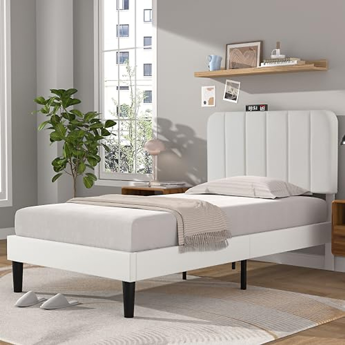 VECELO Twin Size Bed Frame with Adjustable Headboard, Velvet Heavy Duty Platform Beds with Strong Wood Slats Support, No Box Spring Needed, White