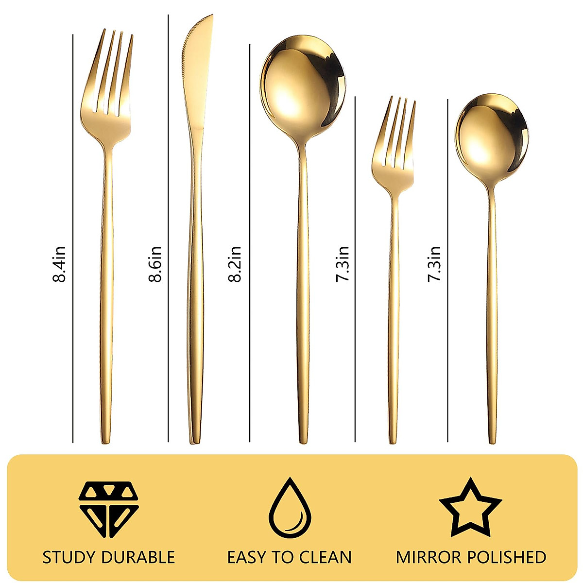 Gold Silverware Set, 30-Piece Stainless Steel Flatware Set Mirror Polished Cutlery Utensil Set Service for 6, Durable Home Kitchen Eating Tableware Set, Include Fork Knife Spoon Set, Dishwasher Safe