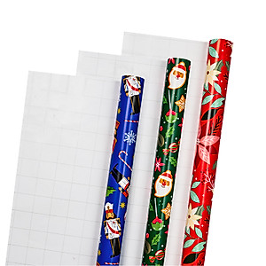 LeZakaa Christmas Wrapping Paper Roll - Min Roll - Nutcracker/Berry Flower/Santa Claus in Blue, Red and Green for Gift Wrap, DIY Craft - 17 x 120 inches - 3 Rolls (42.5 sq.ft.ttl.)