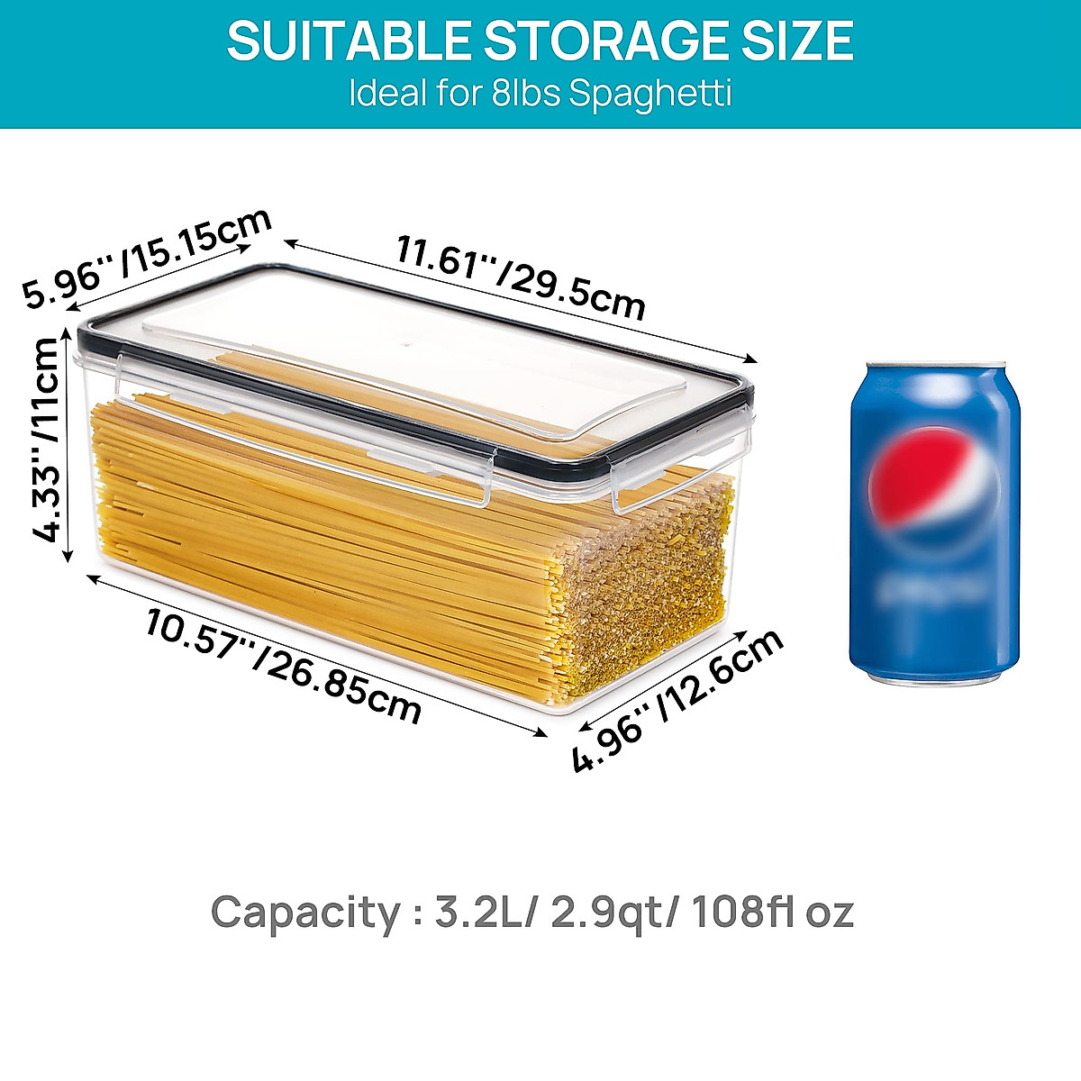 Vtopmart Airtight Food Storage Containers with Lids 2PCS Set 3.2L, Plastic Spaghetti Container for Pasta organizer, BPA Free Air Tight House Kitchen Pantry Organization and Storage