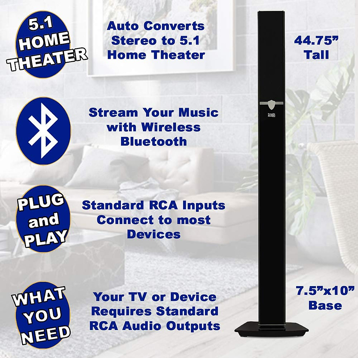 Acoustic Audio AAT1003 Bluetooth Tower 5.1 Speaker System with Mic and Powered Subwoofer