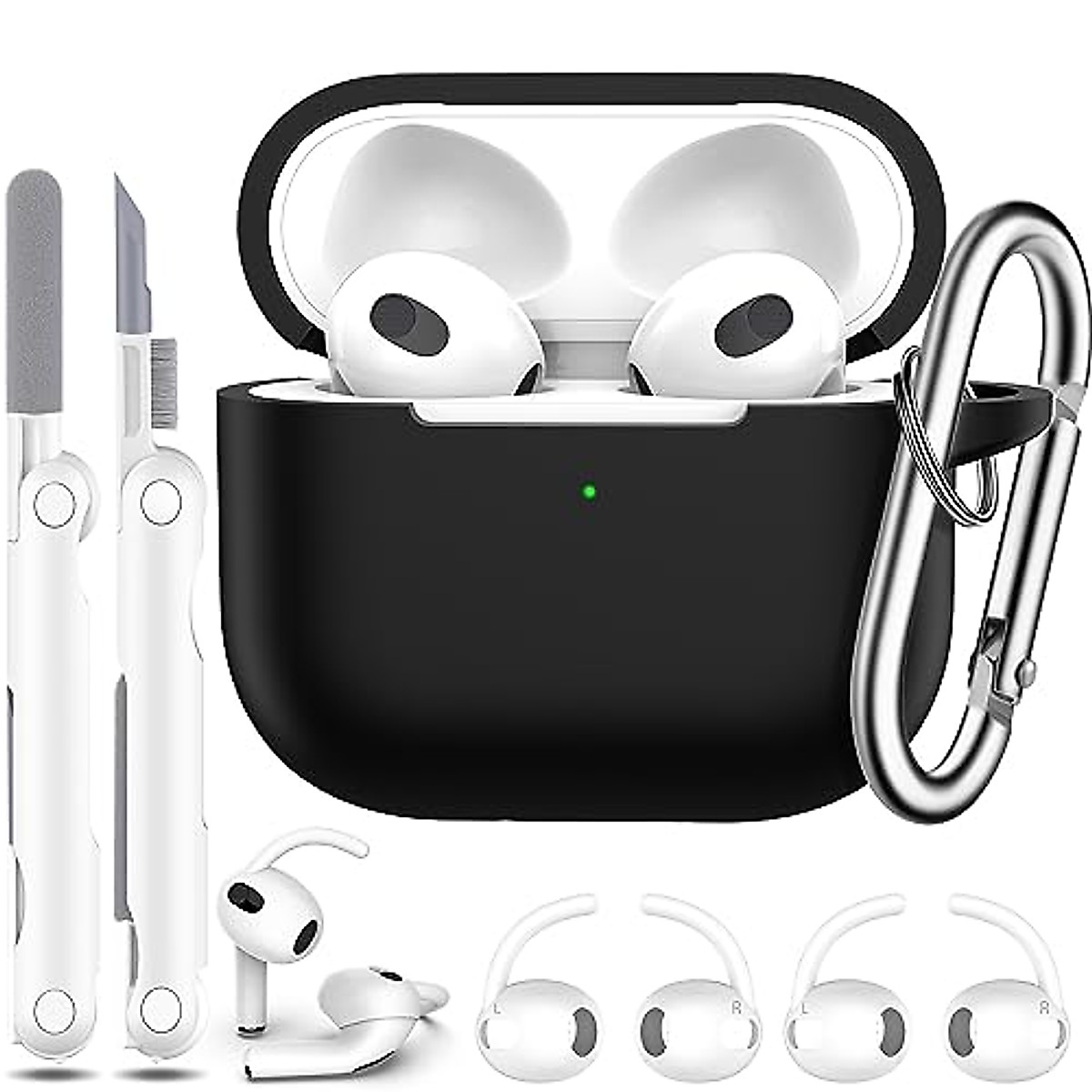 R-fun AirPods 3rd Generation Case Cover with Cleaner kit and Earbuds Hook Cover (2Pairs),Soft Silicone Protective Case for Apple AirPods 3 2021- Black