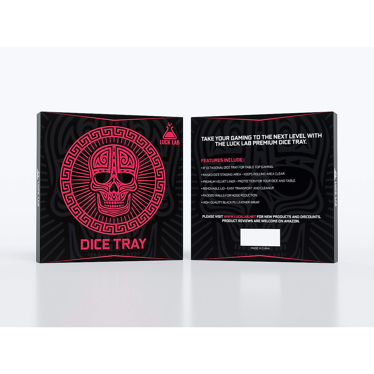 Luck Lab 8 Inch Dice Tray with Lid and Dice Staging Area for Table Top Gaming - Red Tribal Skull Design