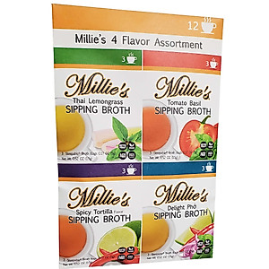 MILLIE'S SIPPING BROTH Steepable Vegetable Broth with Savory Seasonings for Snack Urges | Vegan, Keto, Gluten Free, Intermittent Fasting, and natural | (4 Pack Assortment - 12 Broth Bags Total)