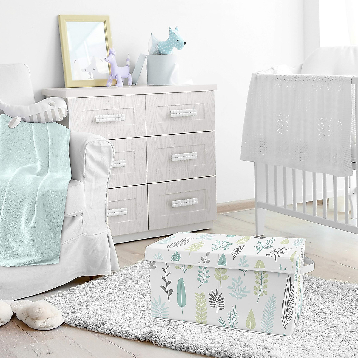 Sweet Jojo Designs Blue Tropical Leaf Boy or Girl Small Fabric Toy Bin Storage Box Chest For Baby Nursery or Kids Room - for the Turquoise, Grey and Green Botanical Rainforest Jungle Sloth Collection