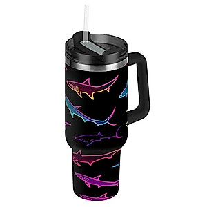 Flradish 30oz Tumbler with Handle, Colourful Sharks Stainless Steel Tumbler with Lid and Straws Double Wall Vacuum Insulated Leakproof Coffee Travel Mug