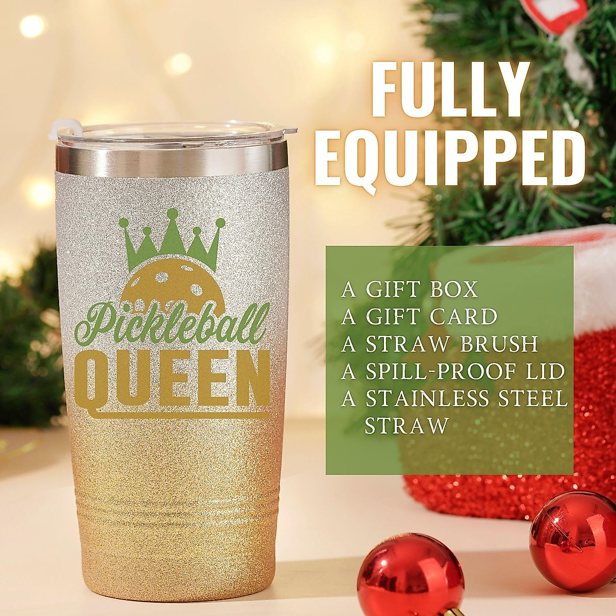 Onebttl Pickleball Gifts for Women - Insulated 20oz Stainless Steel Travel Tumbler with Straw and Lid - Queen of the Pickleball Court