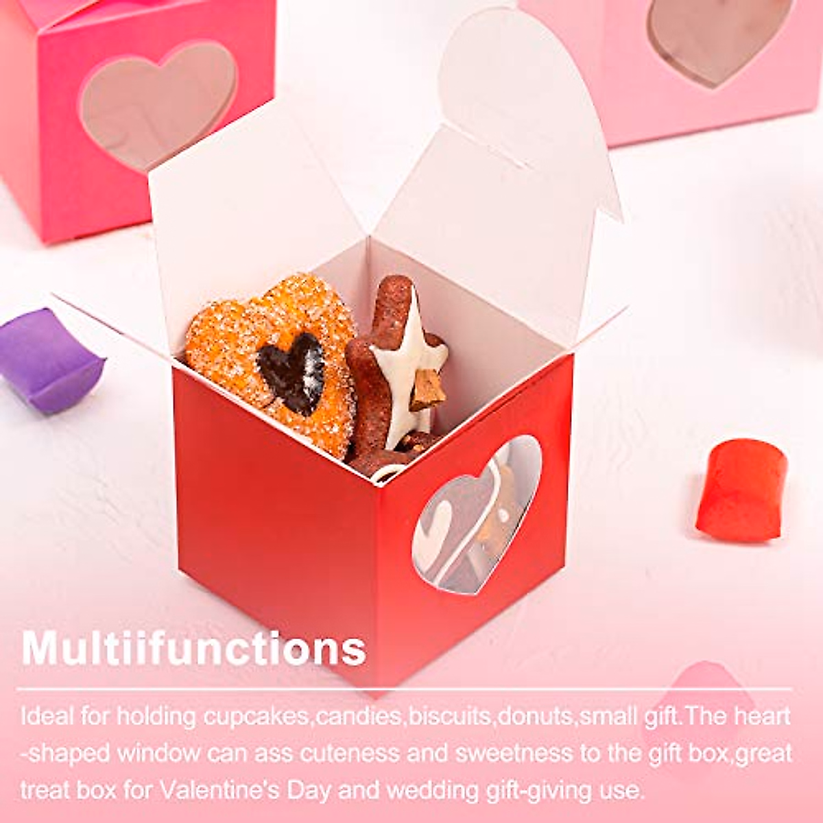 Whaline 24Pcs Valentine's Day Treat Boxes Red Rose Red Pink Heart Cardboard Box with Window 3 Inch Valentines Gift Container with Instruction for Goodie Cookie Candy Sweet Crafts Party Favor Supplies