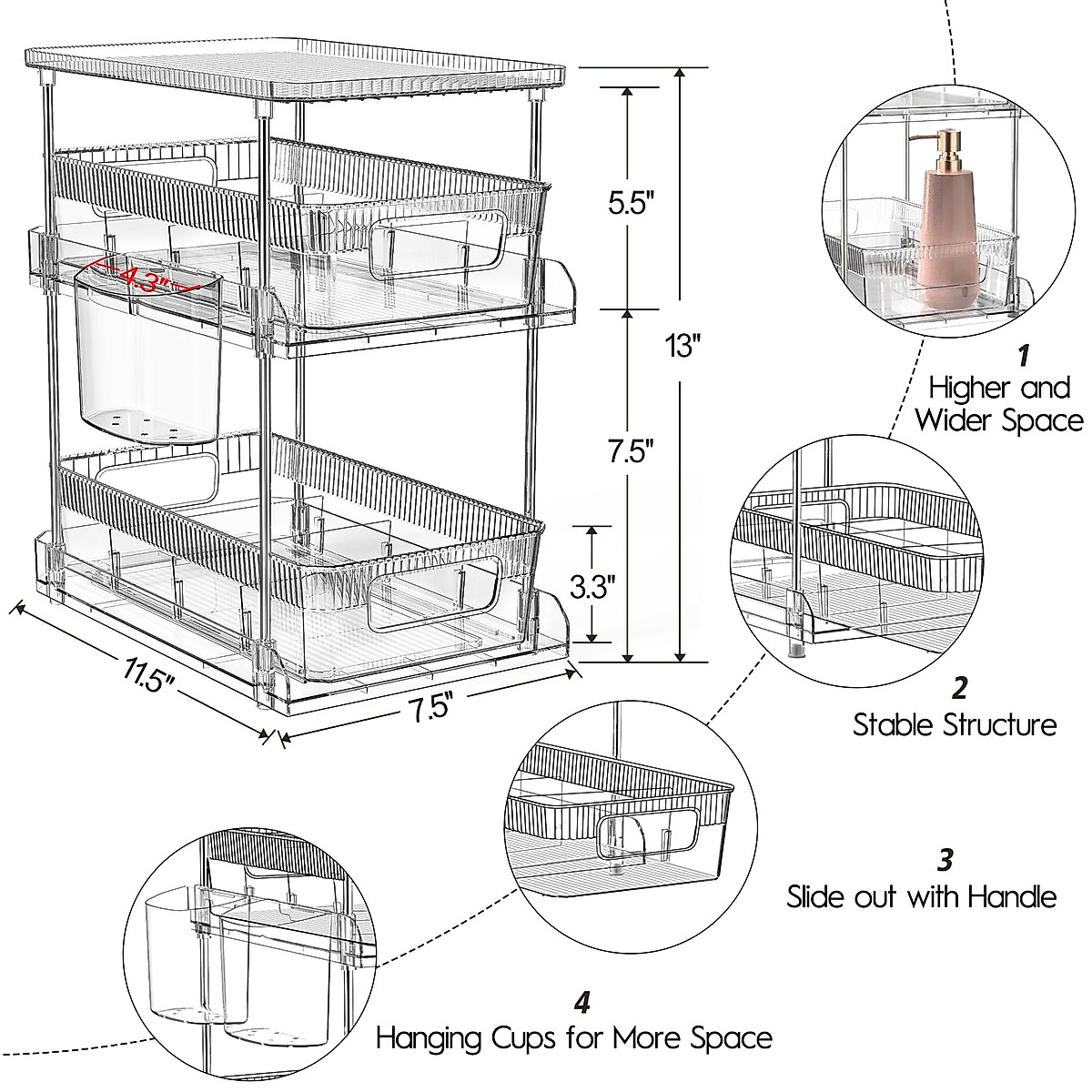 3 Tier Clear Bathroom Organizer, Under Sink Organizers Clear with Dividers, Multi Purpose Slide-Out drawers Organizer for Bathroom Pantry Organization and Storage, Medicine Cabniet Organizer 1 Pack
