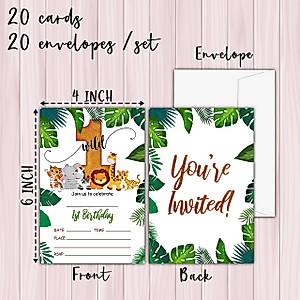 KFNER Wild One Birthday Invitations, 1st Safari Animals Birthday Party Invitation Card, Zoo Birthday Party Favors & Celebration Supplies(20 Set of Invitations with Envelopes)-B17