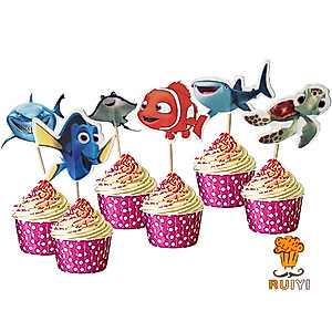 48 Pcs Cupcake Toppers for Finding Nemos Cake Toppers, Kids Birthday Party Cake Decoration Supplies