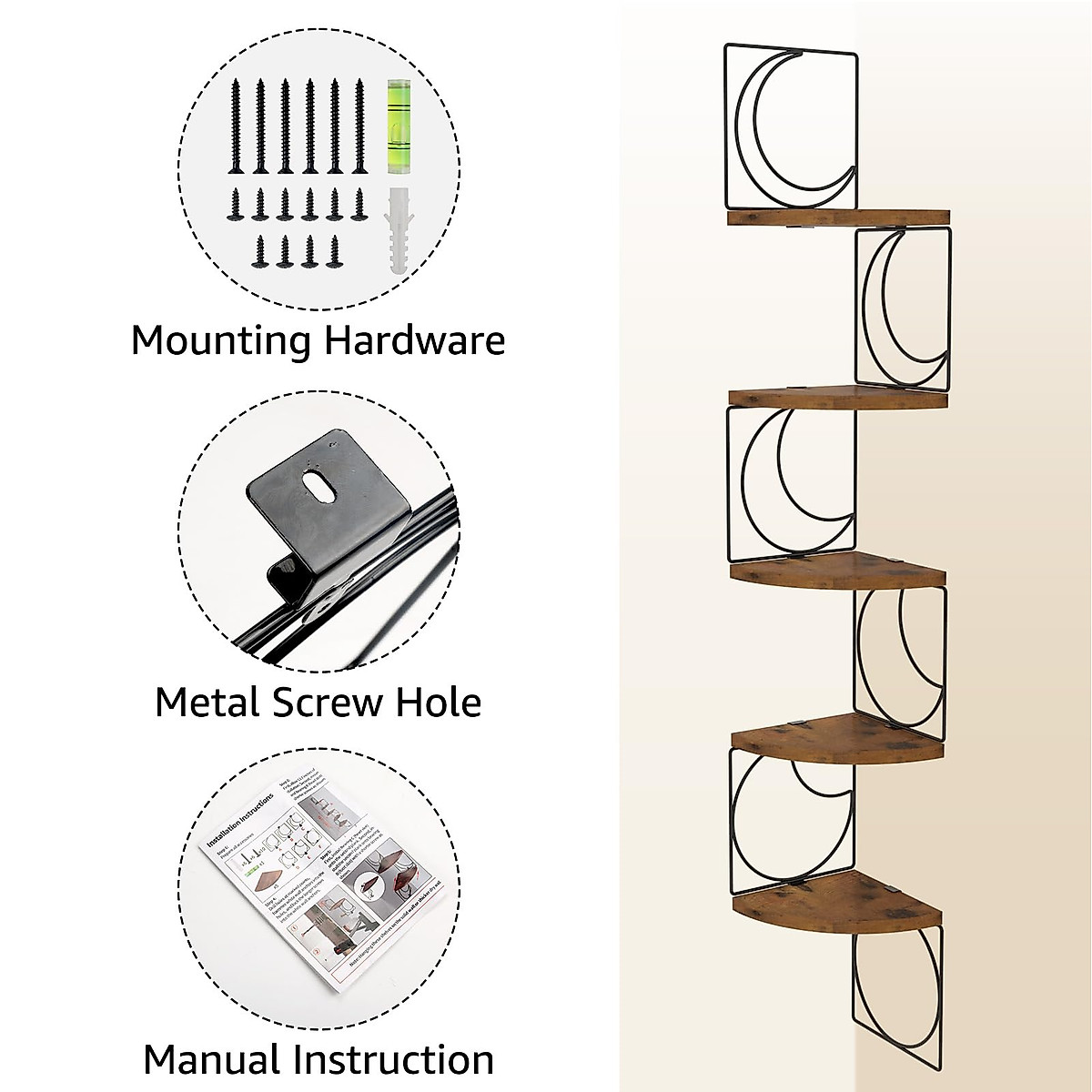 PHAREGE 5 Tier Moon Phase Corner Shelves Brown Black, Rustic Storage Shelves for Bedroom Kitchen Bathroom Living Room