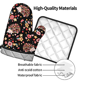Oplp Flowers and Cute Hedgehogs Oven Mitts and Pot Holders Heat Resistant Oven Mitts Safe for Baking Cooking BBQ