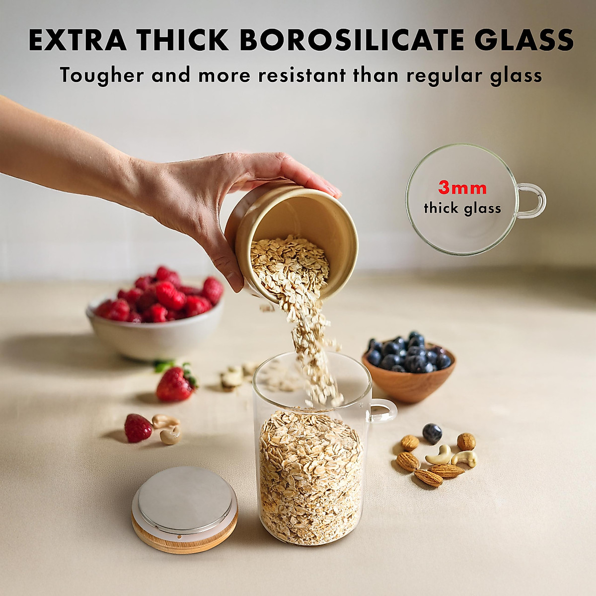 Overnight Oats Containers with Lids, Labels & Spoons (4 x 16oz) Glass Jars for Oatmeal, Meal Prep, Food Storage | Leak-Proof Mason Jars for Oats, Cereal, Yogurt, Chia Pudding [Thicker Glass 3mm]