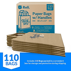 Reli. 110 Pack | 10"x5"x13" | Paper Thank You Bags w/Handles | Brown Paper Bags, Printed | Small Thank You Giftbag for Guests | Gifts, Wedding, Merchandise, Small Business