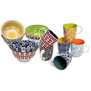 Annovero Mugs, Cereal Bowls. Cute and Colorful Porcelain Dishes for Kitchen, Microwave and Oven Safe. Bundle