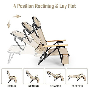 REALEAD Reclining Beach Chairs for Adults - Extendable High Back Low Profile Beach Chair with Headrest, Cooler Pouch, Cup Holder, 4-Position Lay Flat Folding Beach Chairs Heavy Duty Support 330LBS