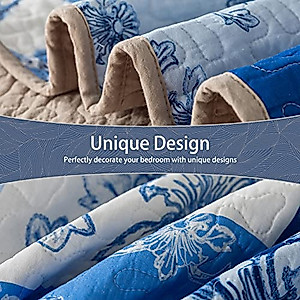 PSL Home- Quilts Queen Size, 100% Cotton Bedspreads Queen Sized, Quilt Sets Coverlet for The Bed, Quilt Bedding Set, Quilted Comforter Bed Spread Prime, Plaid Floral Pattern 3 Pieces (Blue White)