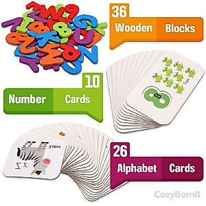 CozyBomB™ Toddler Alphabet Flash Cards - Preschool Activities Learning Montessori Toys ABC Wooden Letters Jigsaw Numbers Alphabets Puzzles Flashcards for Age 2 3 4 Years Old Educational for Kids Baby
