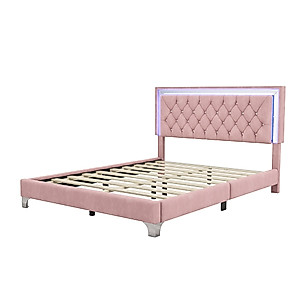 Queen Size Velvet Upholstered Platform Bed Mattress Foundation w/Crystal Tufted Headboard&LED Light for Adult,Low Profile Panel Bed Frame w/Metal Legs&Wooden Slat Support for Bedroom Guestroom (Pink)