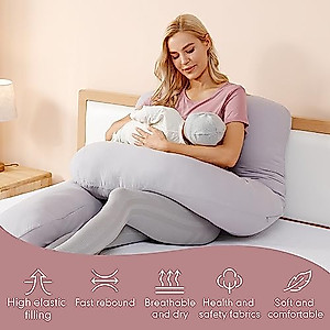 JOHNPEY Pregnancy Pillow for Sleeping Cooling, 100% Muslin Full Body Maternity Pillow, Support for Back, Legs, Belly, HIPS - Side Sleeper Pillow (LightGray,55in)