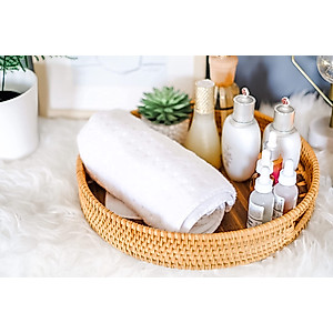 Round Rattan Decorative Tray with Natural Wood - Vanity Trays - Fruit Baskets - Small Serving Tray (13 inch)