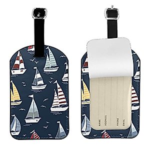 UESEU Cartoon Boats Luggage Tag for Suitcases,Marine Sailboat Birds Ocean Blue PU Leather Baggage Tags Bag Tags Travel Id Label for Luggage Women Men -1 Piece