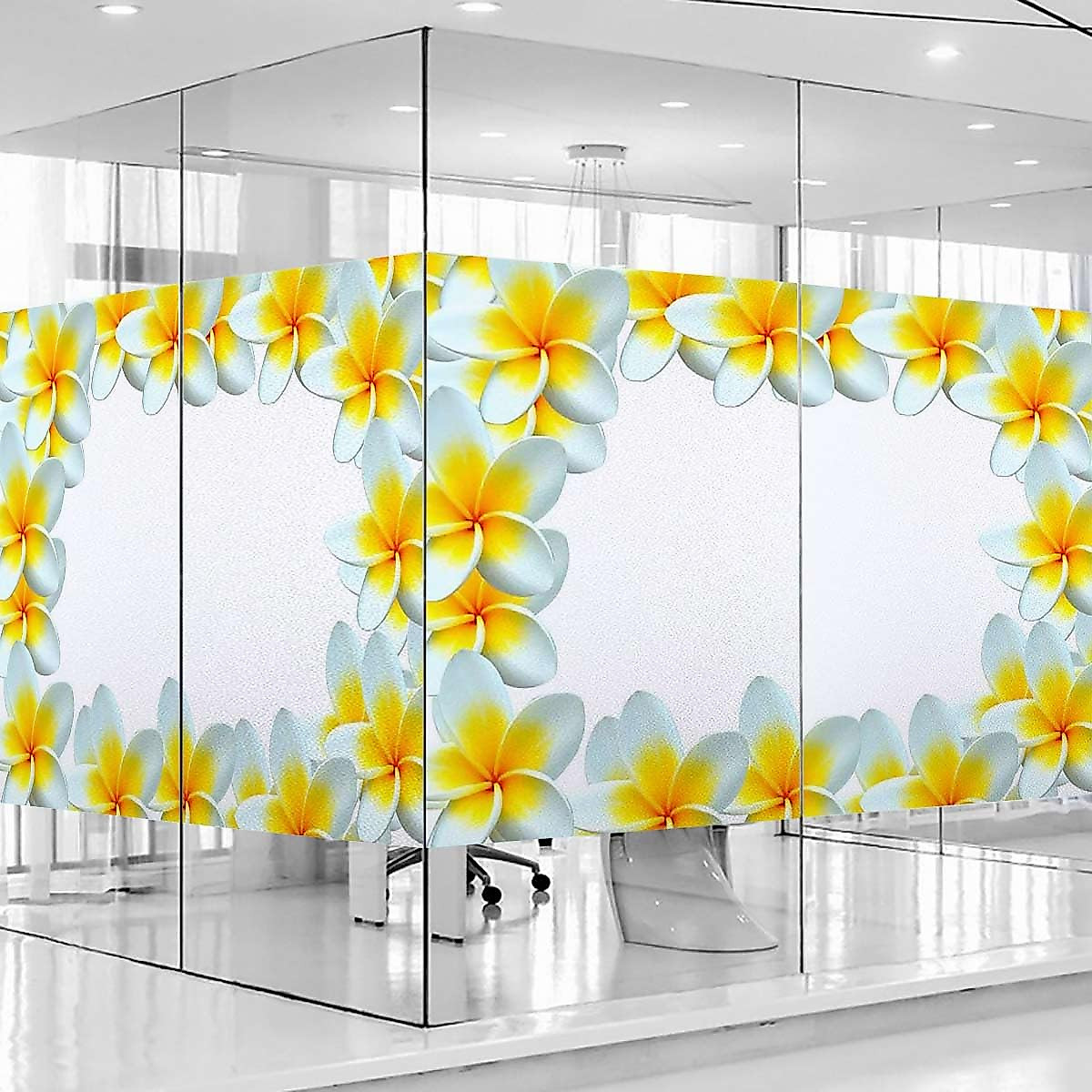 White Yellow Home Window Privacy Film Removable Frosted Glass Window Film for Home, Office, Bedroom, Shower, Hawaiian Frangipani Blossoms Exotic Glass Films 17.7Wx23.6L-inch x2 Pcs