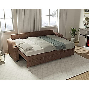 Ucloveria Reversible Sectional Sofa Couch, 82" Sleeper Sofa Bed with Storage Chaise Pull Out Couch Bed for Living Room L-Shape Lounge 2 in 1 Sectional Couch with Cup Holder, Yellow Brown