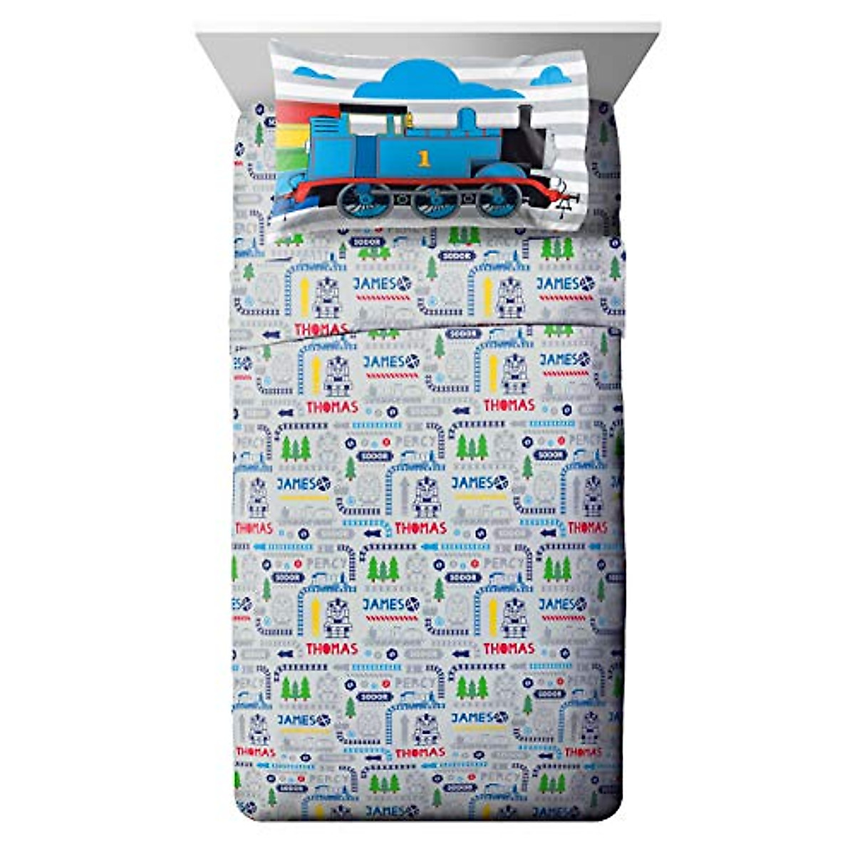 Jay Franco Thomas & Friends Stitch in Time 4 Piece Toddler Bed Set - Includes Comforter & Sheet Set Bedding - Super Soft Fade Resistant Microfiber (Official Mattel Product)