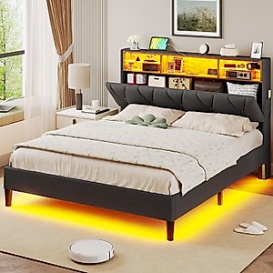 ADORNEVE Full Size Bed Frame with LED Lights and Storage Headboard, LED Bed Frame with Outlets and USB Ports, Upholstered Platform Bed with Hidden Storage, Easy Assembly, Dark Grey