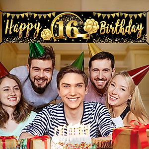 Happy 16th Birthday Banner Decorations for Boys Girls, 16th Birthday Party Supplies, Black Gold 16 Birthday Decor Sign for Outdoor Indoor