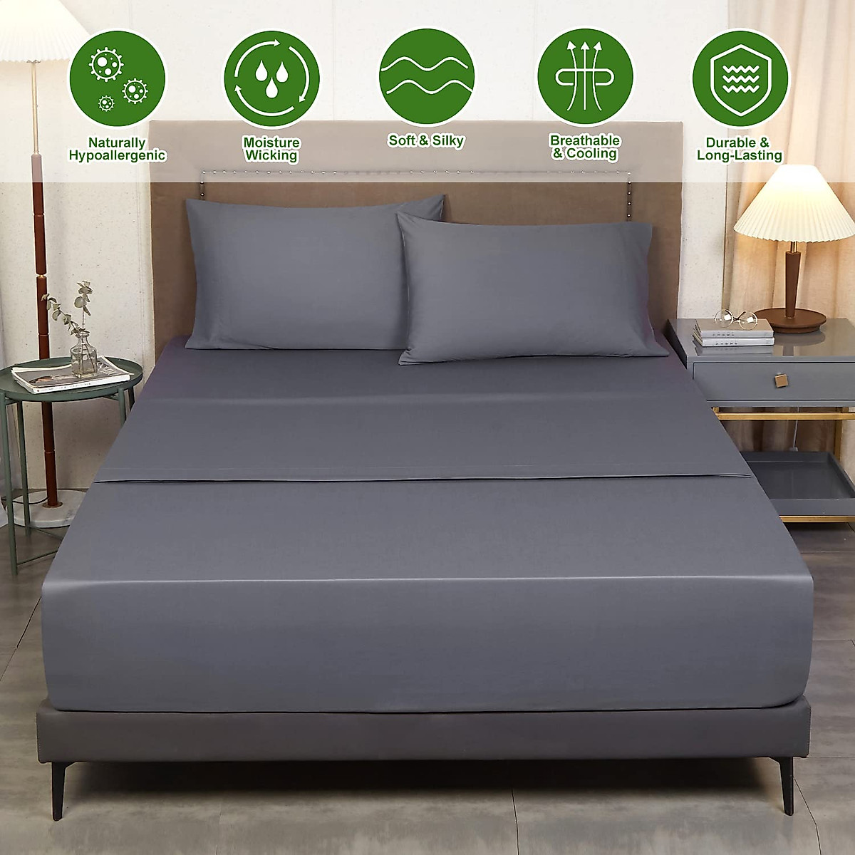 Ivellow Deep Pocket King Sheets, Rayon Derived from Bamboo, Extra Deep Pocket up to 18"-24", Hotel Luxury Cooling Sheets for King Size Bed, Silky Soft, Smooth, Breathable Bed Sheets Grey