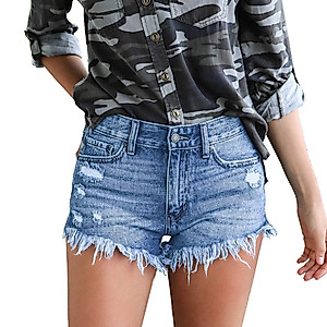Fashion Sexy Shorts,THENLIAN Women's Mid Rise Shorts Frayed Raw Hem Ripped Denim Jean Shorts(L, Sky Blue)