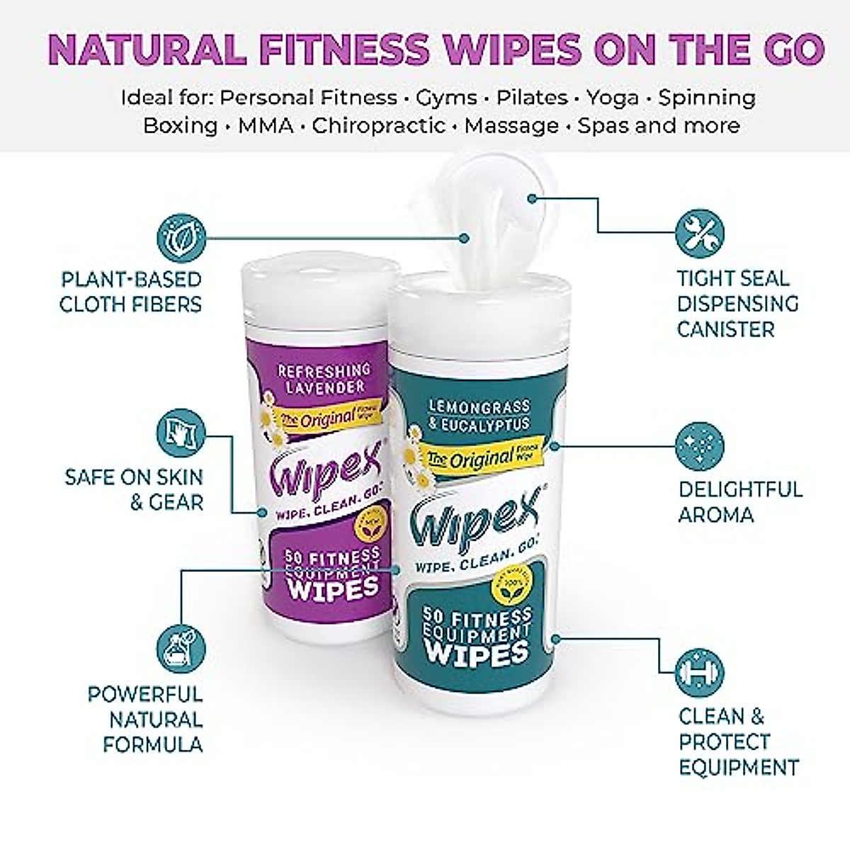 Wipex Fitness Equipment Wipes - Original Natural Plant Based Gym Wipes for Equipment, Clean Surfaces at Home or Gym, Use as a Yoga Mat Cleaner, Lemongrass, Eucalyptus & Vinegar, 50 Count (Pack of 1)