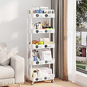 UDEAR 5-Tier Rolling Utility Cart with 12 Category Labels,Multifunctional Storage Shelves with Handle and Lockable Wheels for Room,Office,Kitchen,Bathroom,White