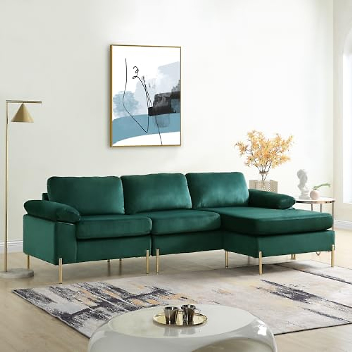 Devion Furniture 101" W Modern Design Velvet Sectional Sofa with Spacious Chaise, Cushioned Arms & Metal Legs in Green & Gold Finish