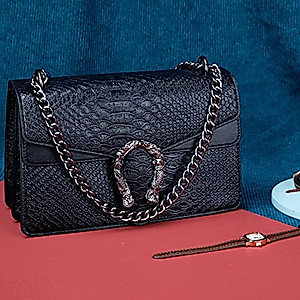 Crossbody Shoulder Square Purse For Women - Fashion Embossed Snake-Print Leather Handbag Metal Chain satchel Tote Bag