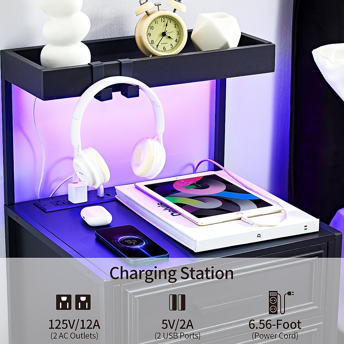 Harpaq Tall Nightstand with Charging Station, Black Night Stand with Drawers, End Tables Bedroom with Led Lights, Wood Nightstand for Bedroom with Open Storage Shelves