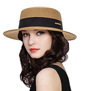 Straw Beach Sun Hat Pork-Pie Boater-Hat for Women Men - Summer Wide Brim Uv-Rays Panama Hat Khaki