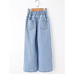 WDIRARA Girl's Butterfly Print Elastic Waist Wide Leg Ripped Jeans Denim Pants Blue 140