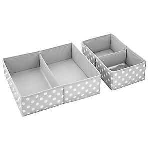 mDesign Fabric Drawer Organizer Bins, Kids/Baby Nursery Dresser, Closet, Shelf, Playroom Organization, Hold Clothes, Toys, Diapers, Bibs, Blankets, Set of 2, 4 Pack, Gray/White Polka Dot