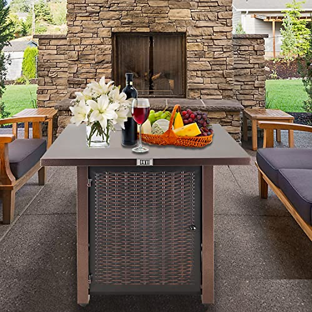 SEGMART Outdoor Propane Fire Pit Table 40000 BTU Gas Fire Pit Table for Outside Patio/Garden/Courtyard, Square Fire Pit with Lid, Auto-Ignition, Lava Rock, Wicker Steel Surface, Outdoor Companion